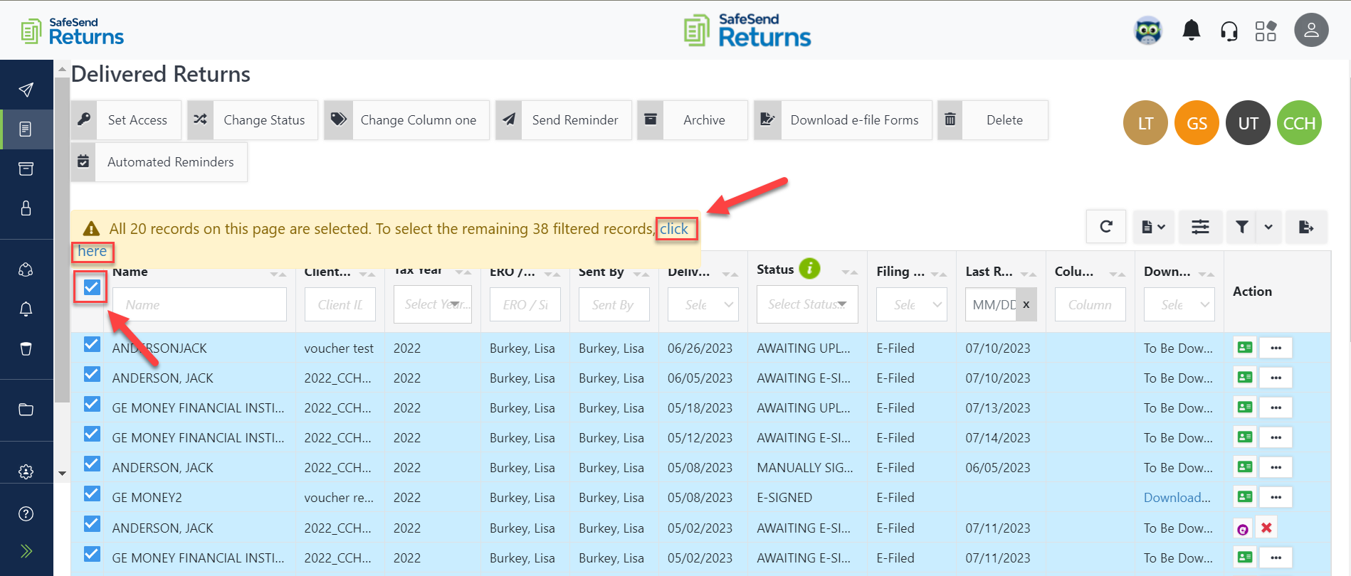 Delivered Return: Bulk Action Icons – SafeSend Returns