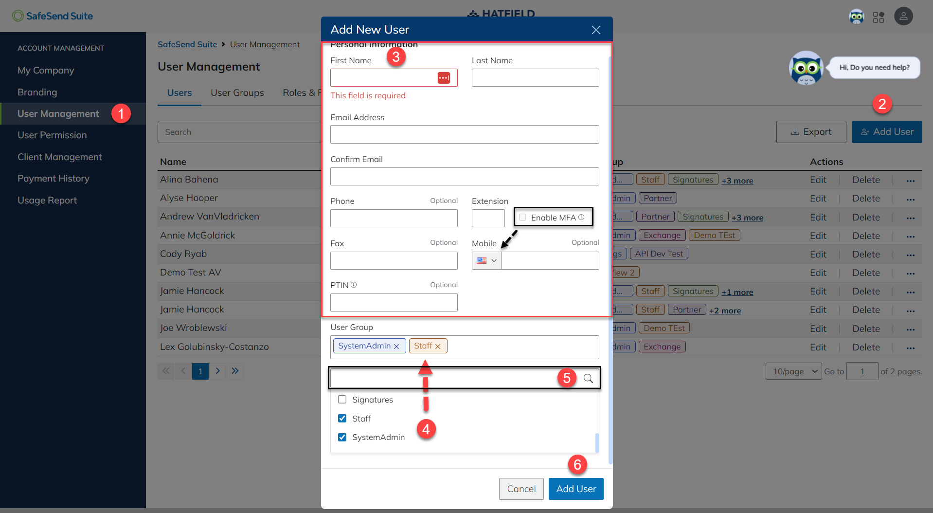 Account Management: User Management – SafeSend Returns