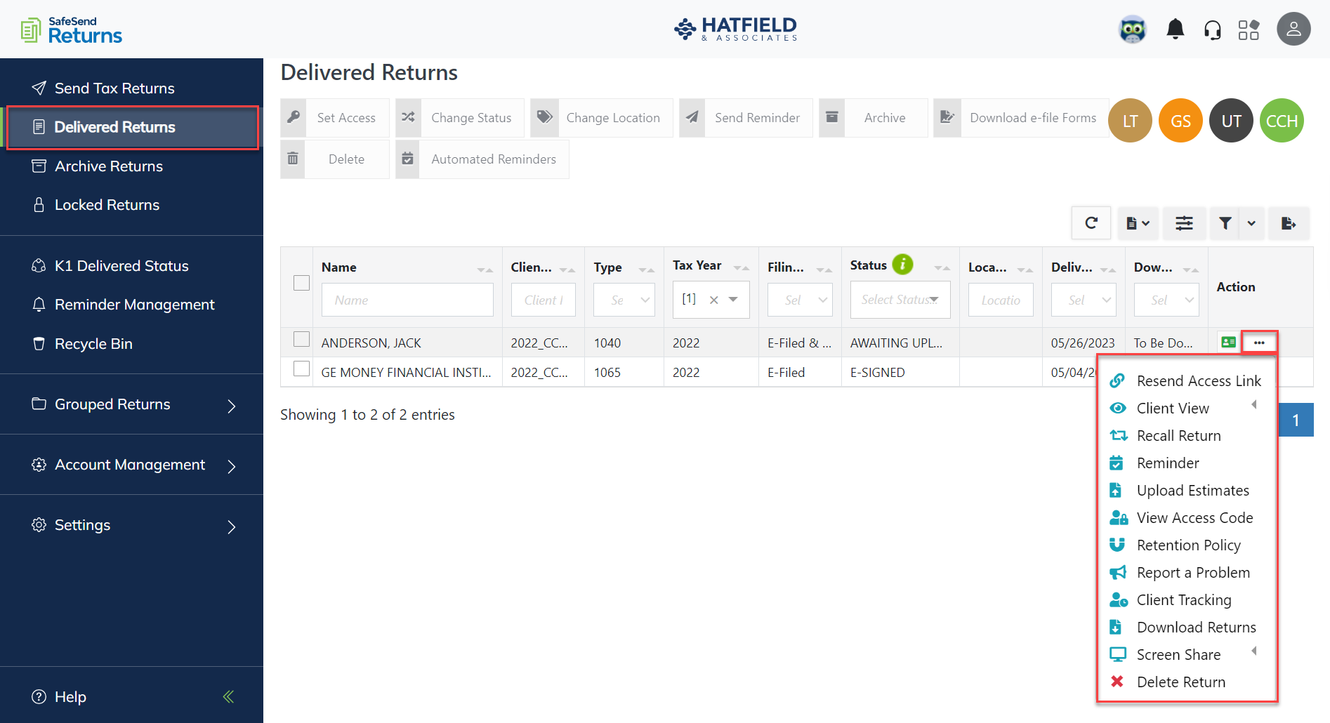 Delivered Returns: Action Menu – SafeSend Returns