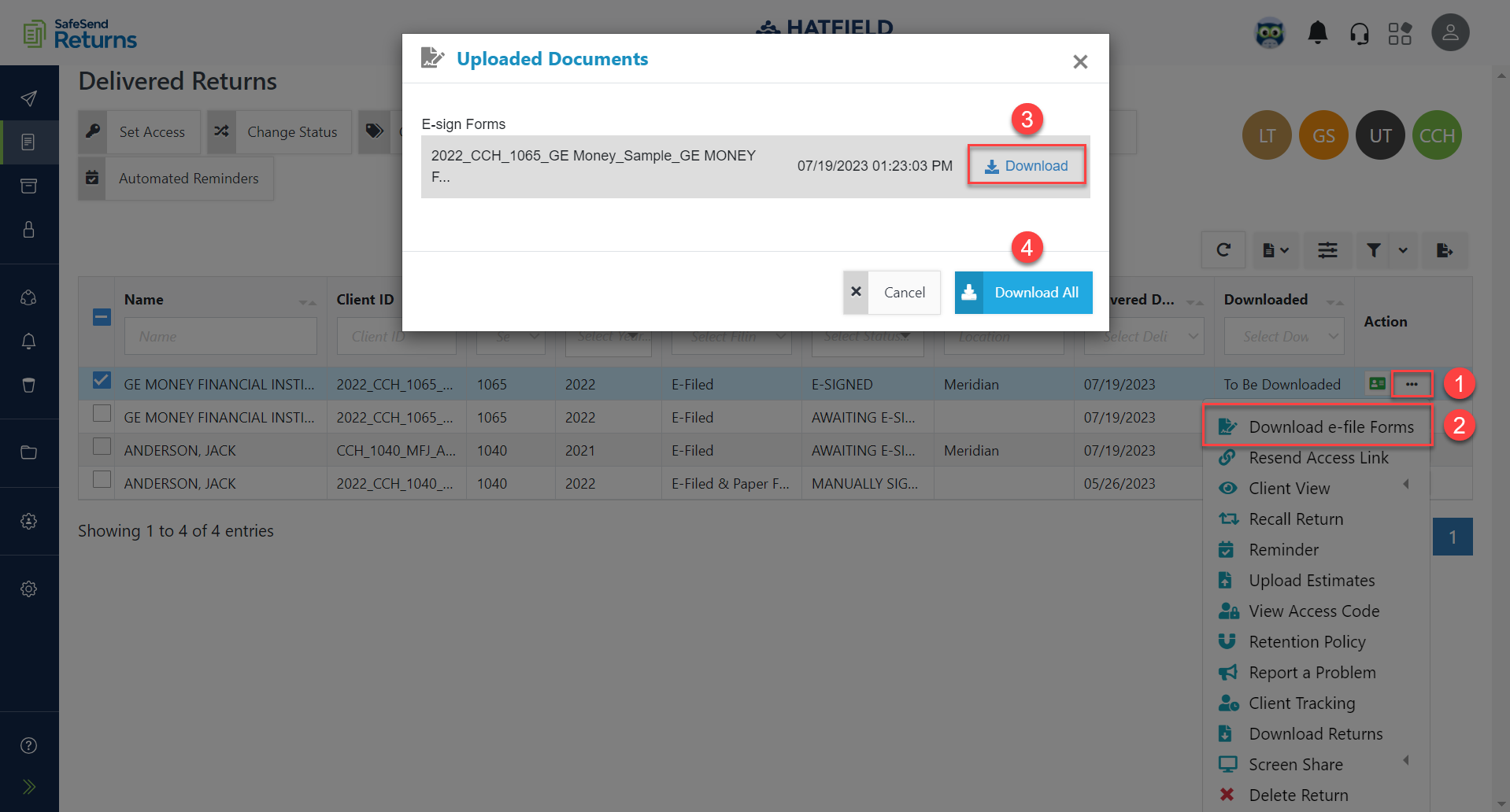Delivered Returns: Action Menu – SafeSend Returns