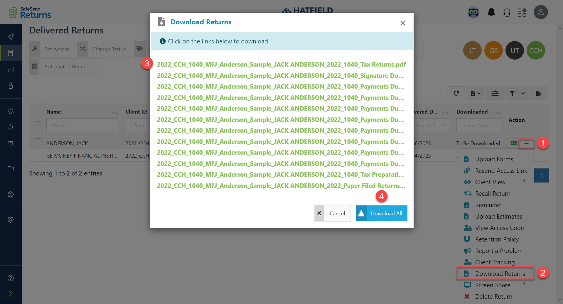 Delivered Returns: Action Menu – SafeSend Returns