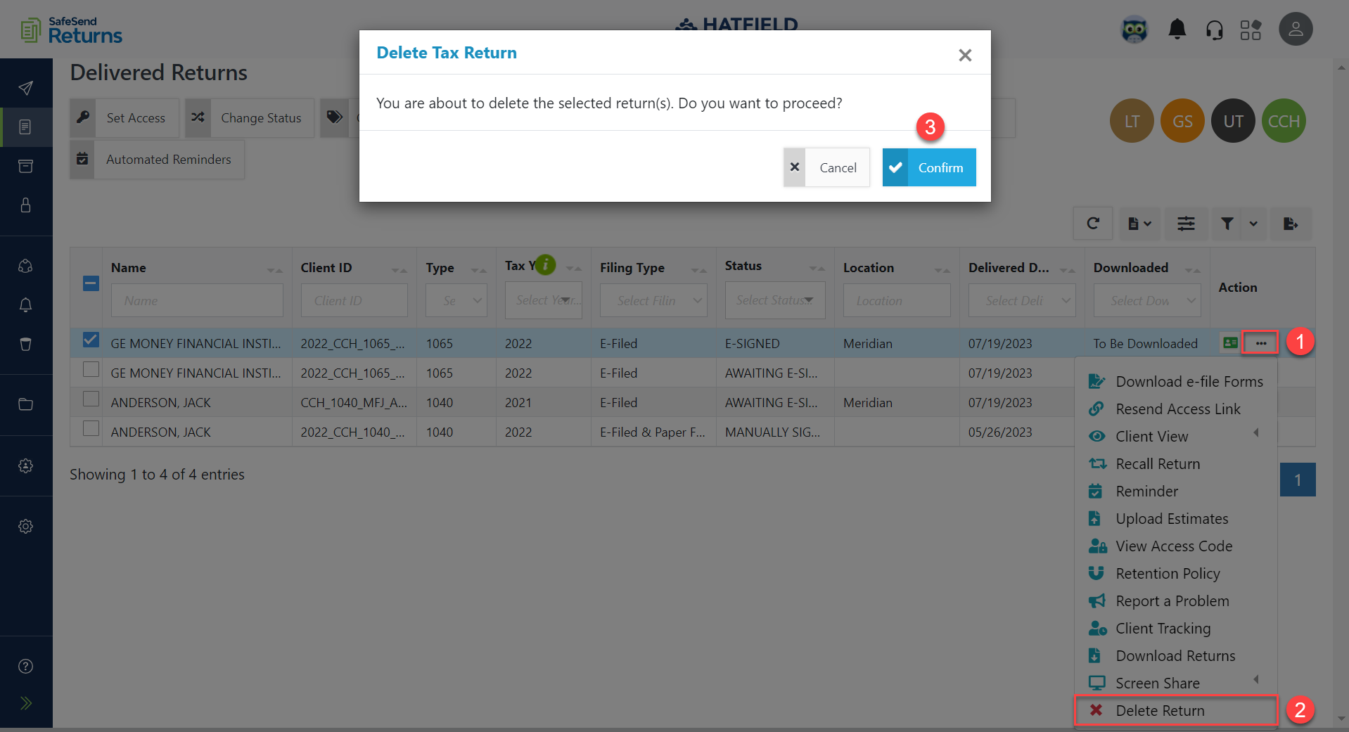 Delivered Returns: Action Menu – SafeSend Returns