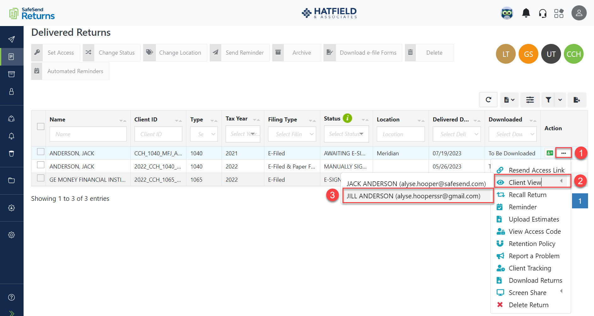 Delivered Returns: Action Menu – SafeSend Returns