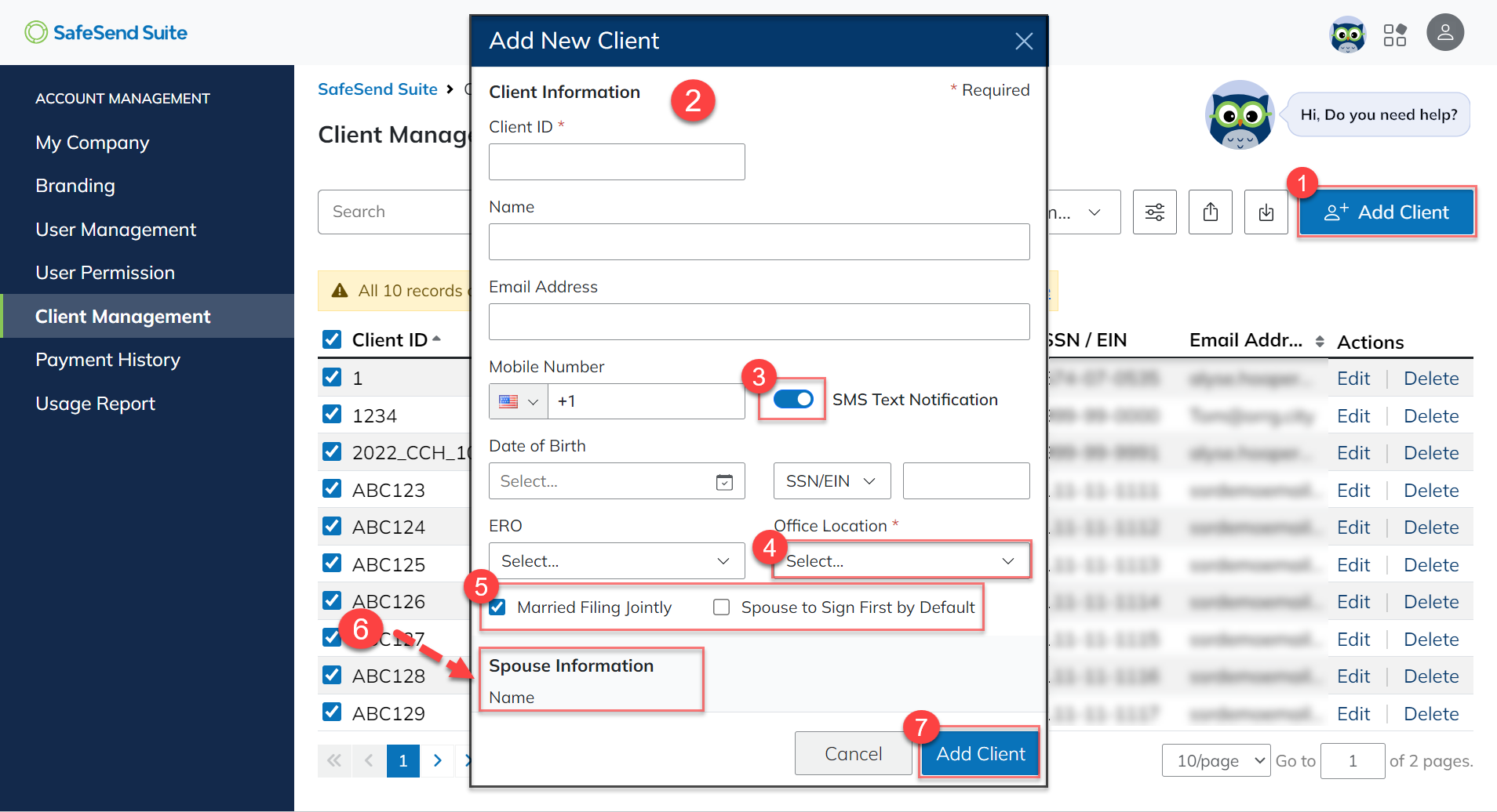 Account Management: Client Management – SafeSend Returns