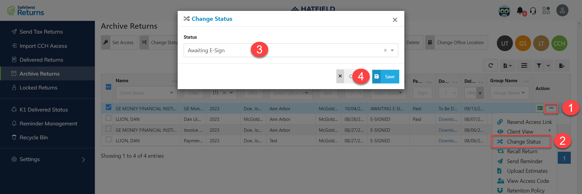Delivered Returns: Action Menu – SafeSend Returns