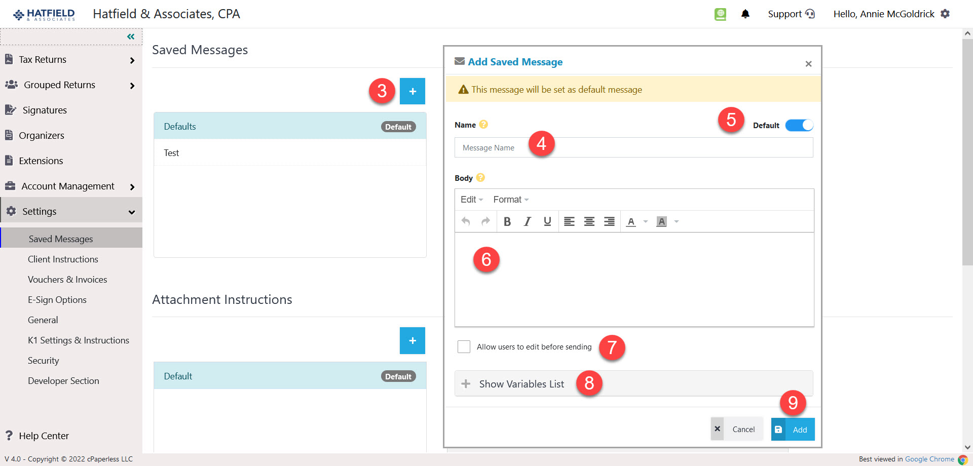 Settings: Saved Messages – SafeSend Returns