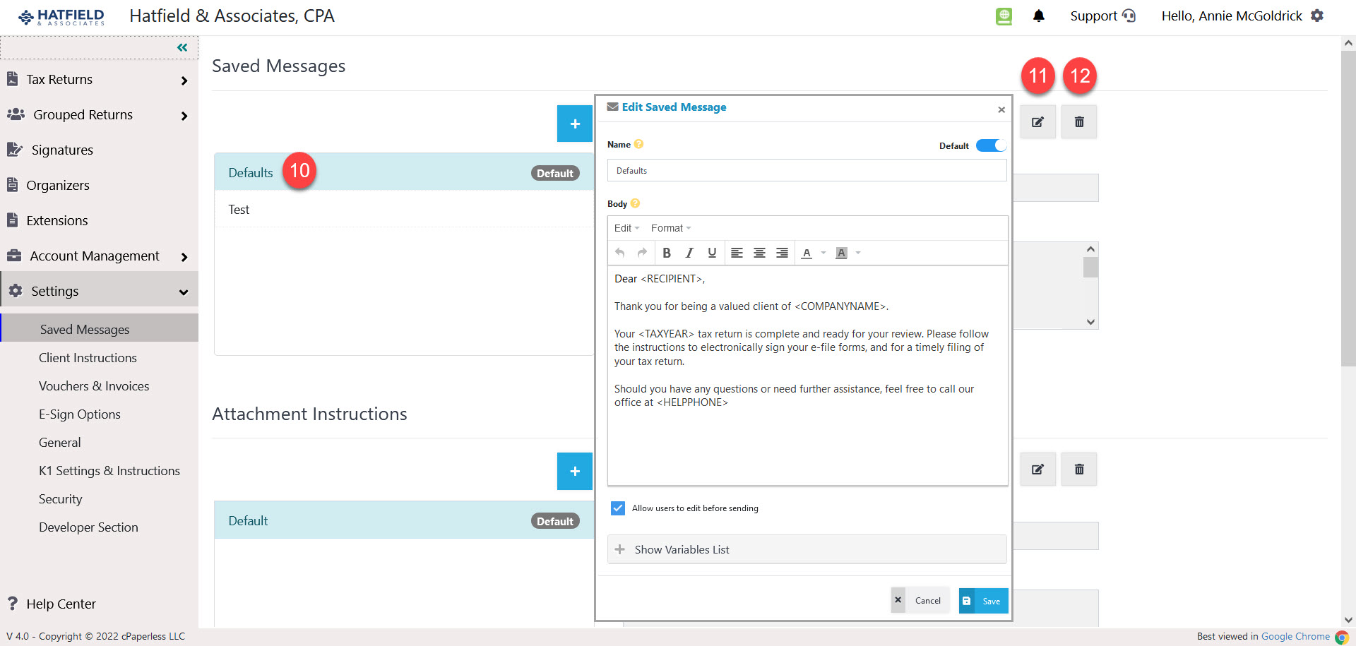 Settings: Saved Messages – SafeSend Returns