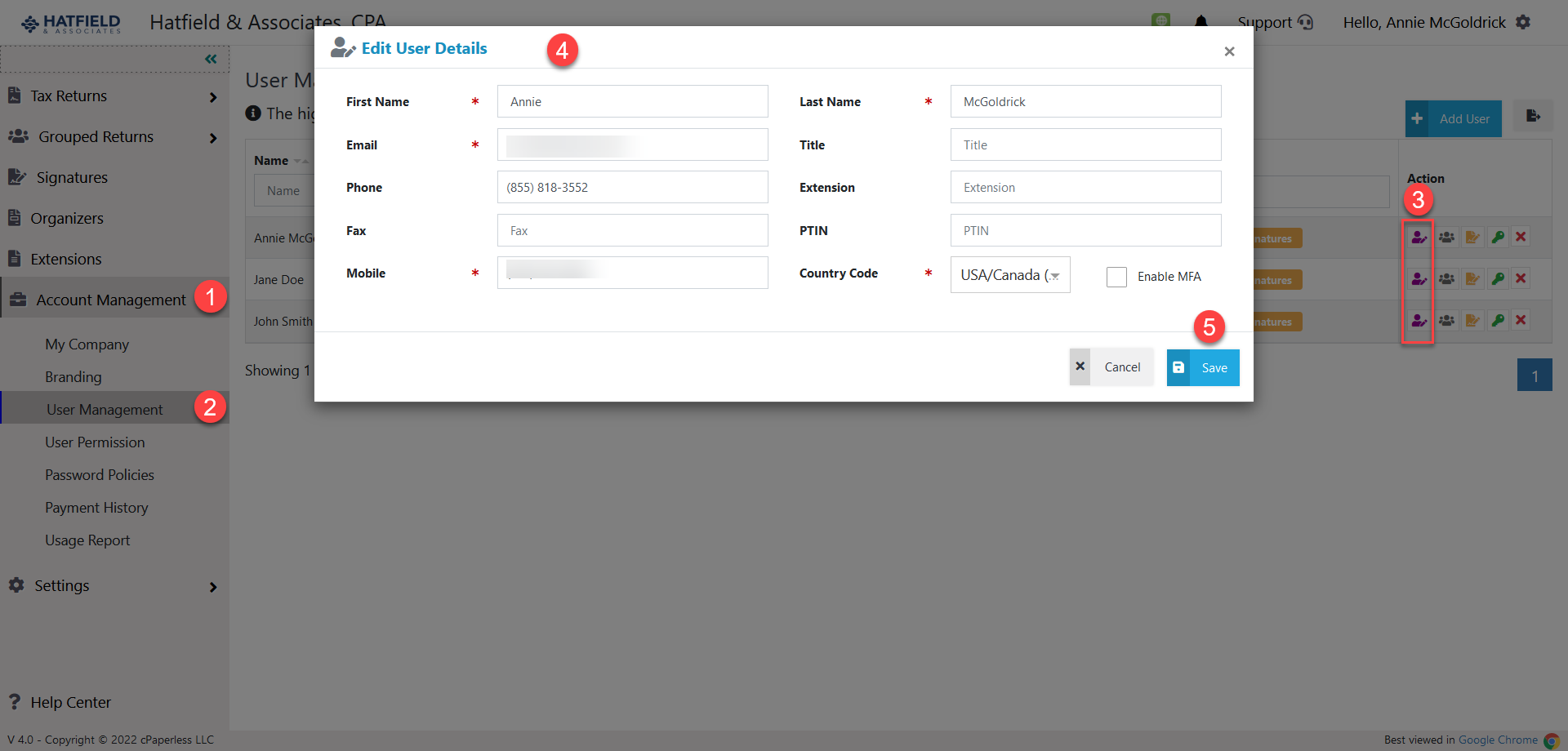 Account Management: User Management – SafeSend Returns